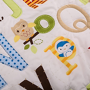 Brandream Nursery Bedding for Boys ABC Crib Bedding 3 Piece Cute Owls Elephant Whale Comforter Set, Mint Blue Grey