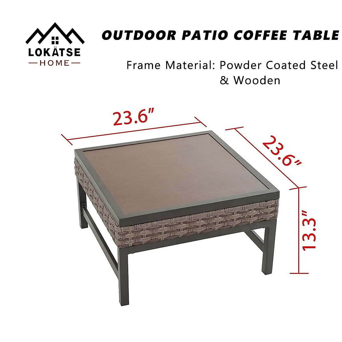 LOKATSE HOME Outdoor Patio Dining Square Bistro Coffee Side Slatted Metal Steel Wicker Frame Aluminum Plastic Plate Furniture End Table for Garden Lawn Poolside, Grey