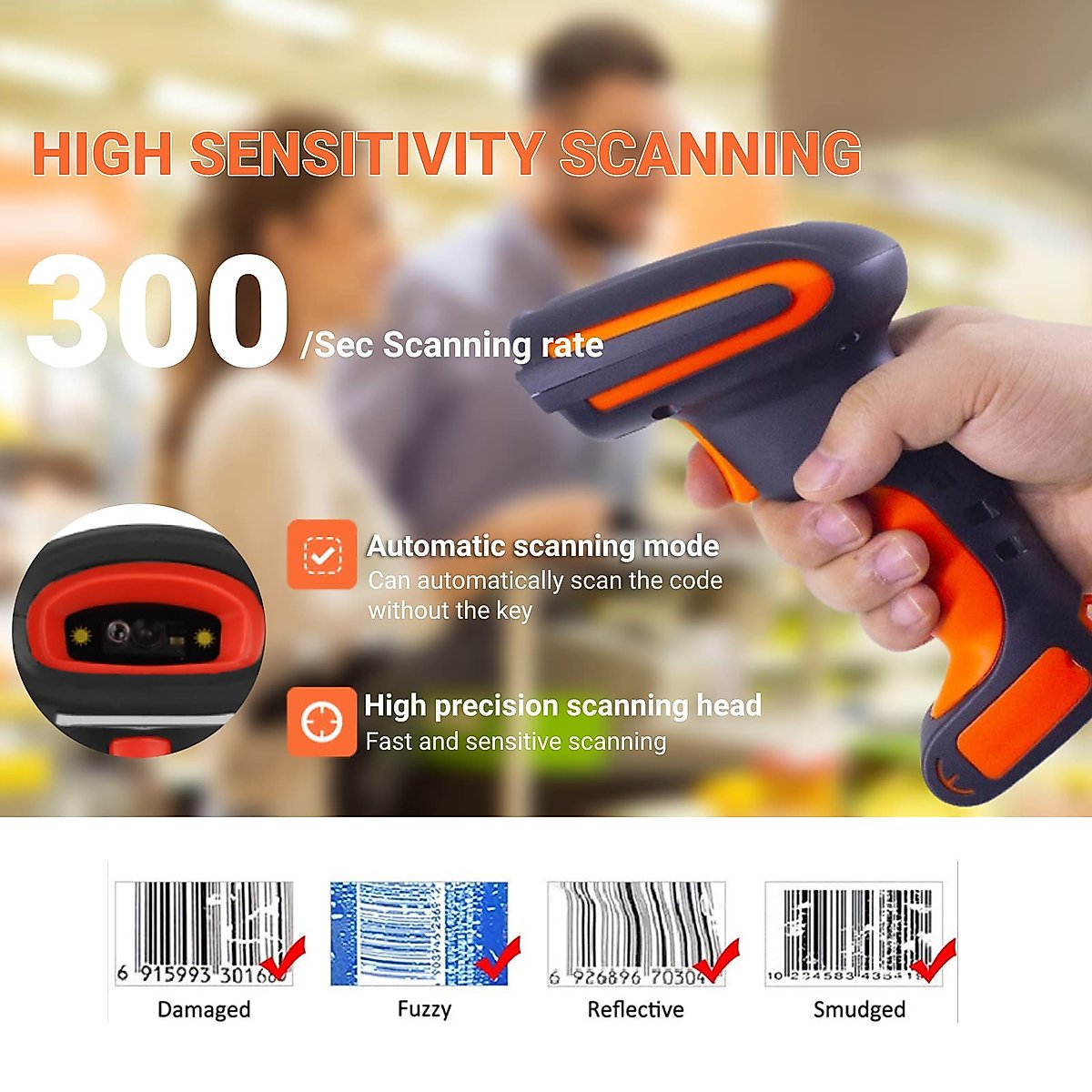 Wireless Barcode Scanner, 2020DB 2.4GHz Wireless Wired 3 Modes Handheld 1D 2D Bar Code Reader IP67 Waterproof with 2 Prompt Modes, for Supermarket Retail Warehouse​​​