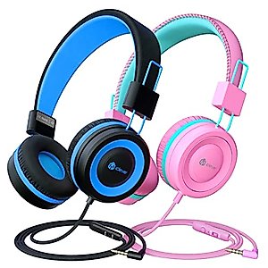 iClever [2 Pack Kids Headphones with Microphone, Safe Volume Limited 85dB/94dB - Wired Headphones for Kids Boys Girls, Foldable Headphones for Online School/Travel/iPad, Black&Pink