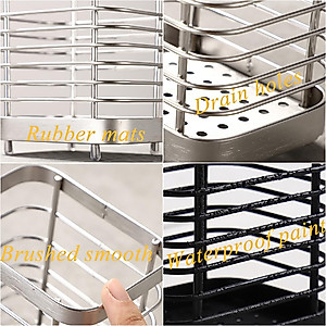 KEINEUX Utensil Holder Kitchen Countertop Organizer, Cutlery Drainer Sink Caddy Storage Drying Rack for Silverware Flatware and Cookware, Stainless Steel, Silver-4"
