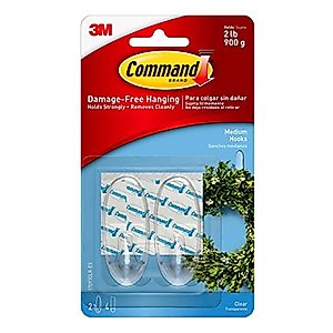 Command Medium Wall Hooks, Damage Free Hanging with Adhesive Strips, No Tools Wall Hooks for Hanging Decorations in Living Spaces, 12 Clear Wall Hooks and 24 Command Strips