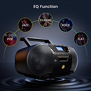 Boom Box CD and Cassette Tape Player, Hernpark Rechargeable CD Tape Player with Remote Control, Bluetooth, FM Radio, Sleep Mode, Stereo Sound, EQ Mode, USB Drive, Aux/Headphones Jack (Black)