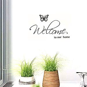 BIBITIME Flying Black Butterfly Saying Welcome to Our Home Front Door Sign Decal Vinyl Letters Quotes Stickers for Christmas Living Room Porch Garden,DIY 27.95" x 10.23"