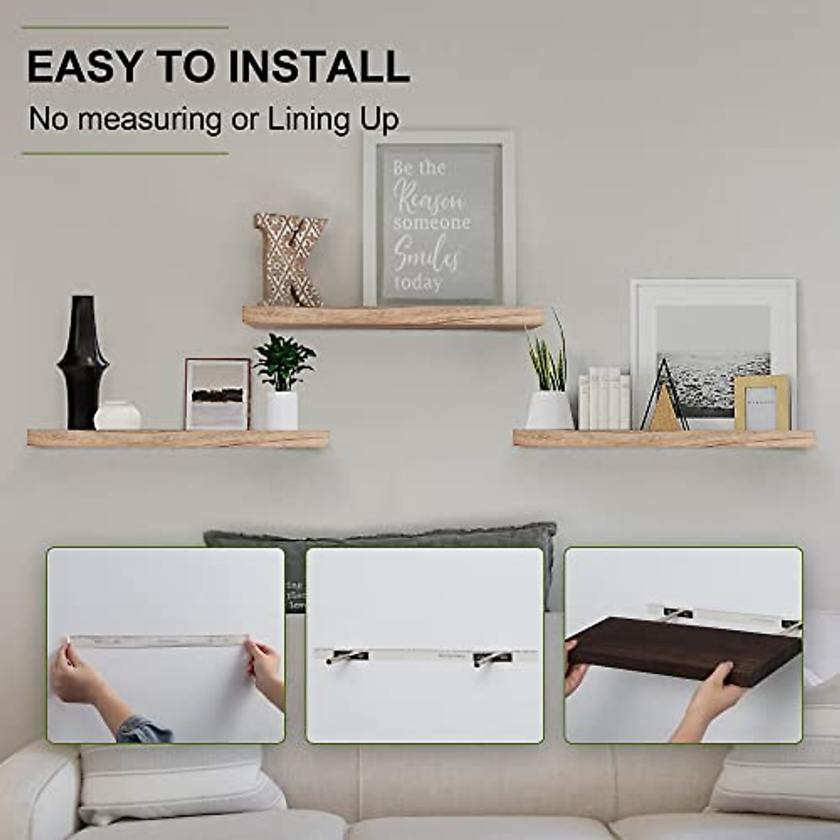 Floating Shelves, 17 Inch Wall Shelf Set of 3, Rustic Wood Shelves for Wall Storage, Wall Mounted Wooden Display Shelf for Bathroom Bedroom Kitchen Garage, Carbonized Black