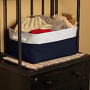 Canvas Storage Basket Organizer, Large | Fabric Rectangular Basket with Handles for Toys, Linen Closet, Clothes | Ideal Cube Storage Bin for Shelves, Navy