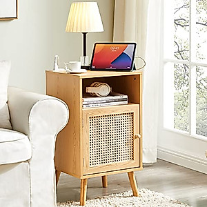 GTOLV Rattan Nightstand with Charging Station, Boho End Table with Handmade Rattan Decorated Door and Pine Legs for Bedroom, Living Room