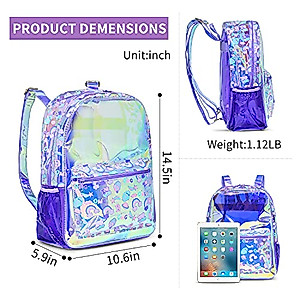 RuRu monkey Transparent Hologram Girls Clear Backpack - Ideal PVC Clear Backpack for Kids Ages 4-10 for Kindergarten, Preschool, and Lower Elementary Students, Purple