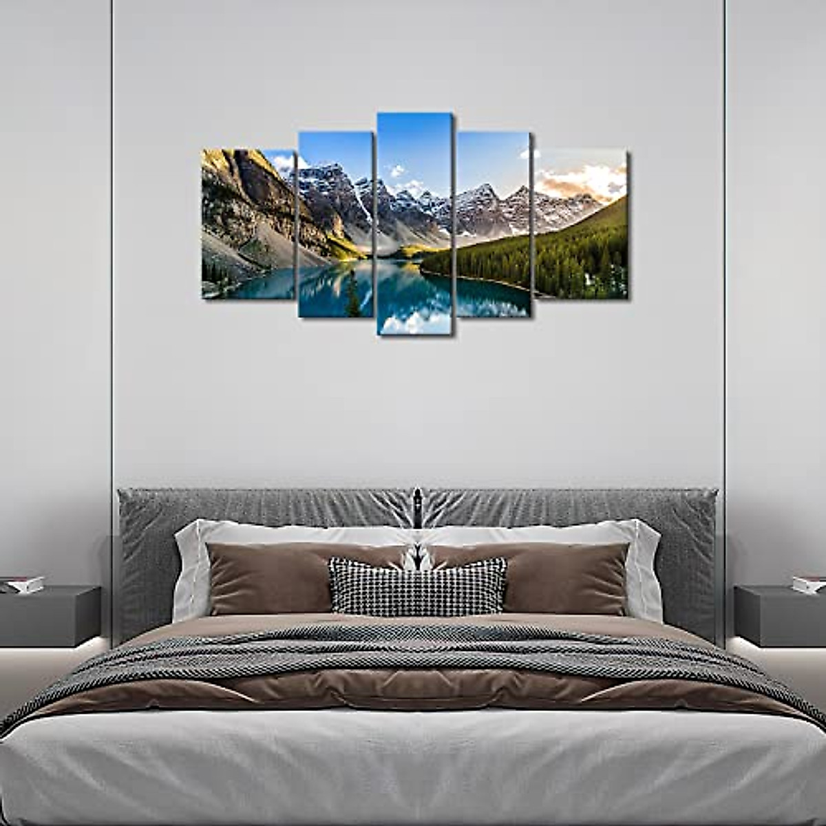 Wall Art Decor Poster Painting On Canvas Print Pictures 5 Pieces Moraine Lake And Mountain Range Sunset Canadian Rocky Mountains Landscape Framed Picture For Home Decoration Living Room Artwork