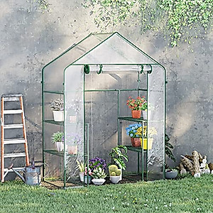 Outsunny 56" x 29" x 77" Outdoor Walk-in Greenhouse Garden Hot House with 3-Tier Shelving, Roll-Up Door & Weather Cover