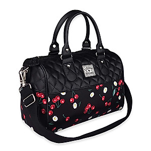 Liquorbrand Daisy Cherry Black Women's Bowler Bag Purse Quilted Faux Leather Handbag With Adjustable Shoulder Strap