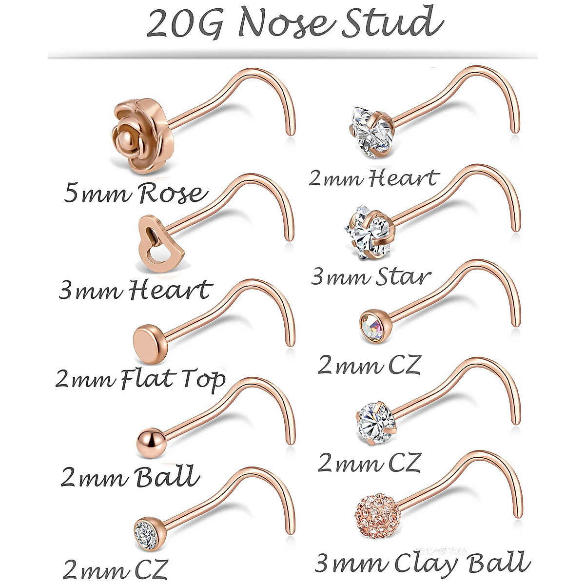 Tornito 20G 20Pcs Stainless Steel Nose Screw Studs Rings CZ Nose Ring Labret Nose Piercing Jewelry for Men Women (A1:20Pcs)