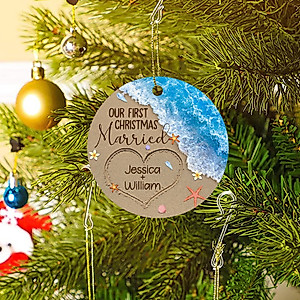 Personalized Our First Christmas Married Beach Ornament Sea 2024, Custom Just Married Christmas Ornament, Beach Wedding Gifts for Couples, Newlywed Christmas Decoration for Home, Bridal Shower