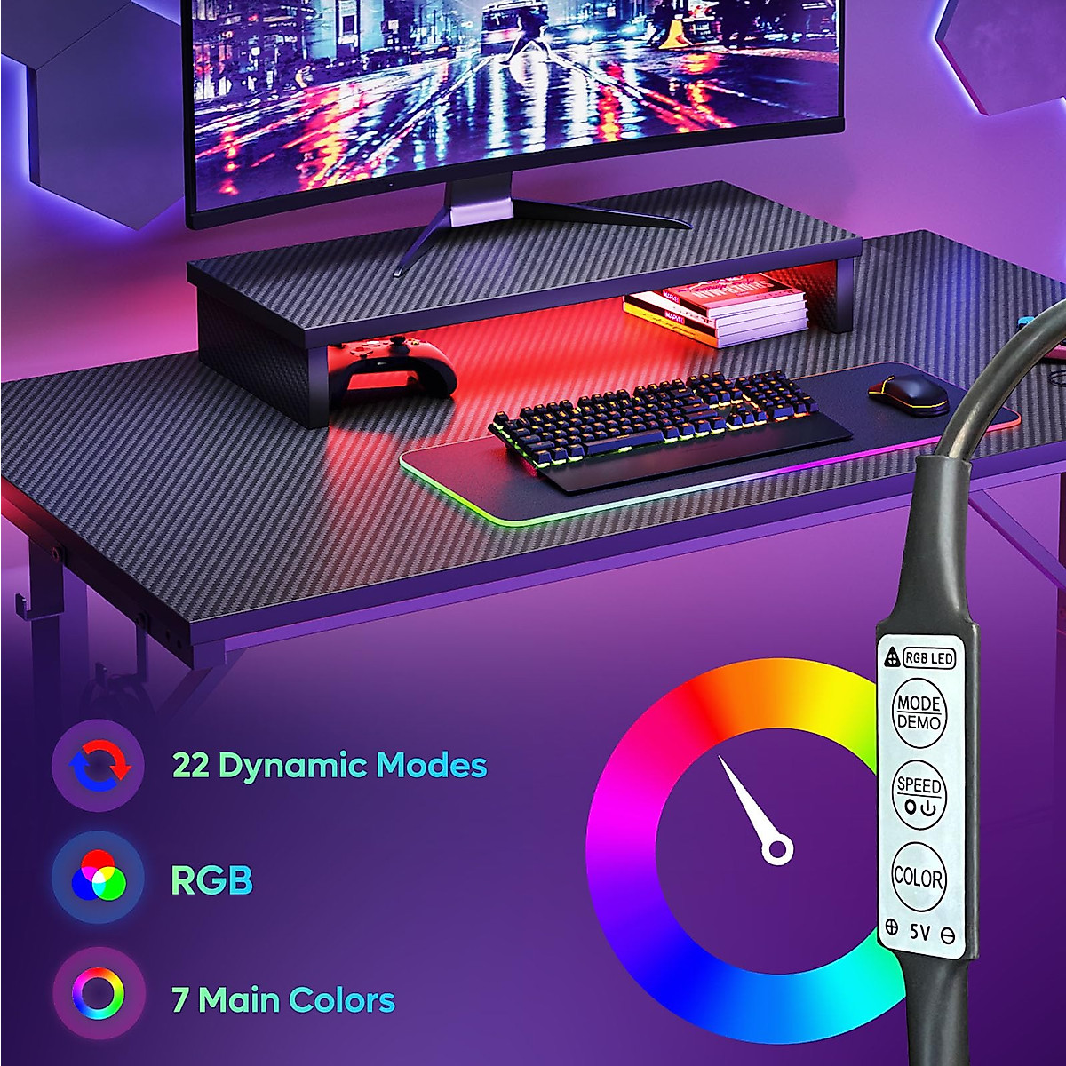 Bestie Gaming Room Set 42 inch LED Small Gaming Desk with Monitor Stand Bundle with LED Coffee Tables for Living Room,