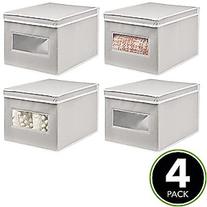 mDesign Large Fabric Stackable Closet Storage Organizer Box, Front Window/Lid for Bedroom, Office, Mudroom Organization, Hold Clothes, Blankets, Linens, Jane Collection, 4 Pack, Light Gray/White