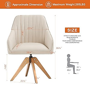 Furniliving 36.8'' Mid Century Modern Swivel Accent Chair for Living Room, Wood Desk Chair with Arms Mid Back Arm Chairs Upholstered Home Office Chair No Wheels for Home Office/Bedroom, Beige