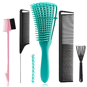 5 Pcs Detangling Hair Brush Set, Ez Detangler Brush With Edge Brush, Rat Tail Combs for Black Natural Hair Styling and Cuting, Curly/Straight/Wet/Dry/long/Short Hair Available for Women Kids Men