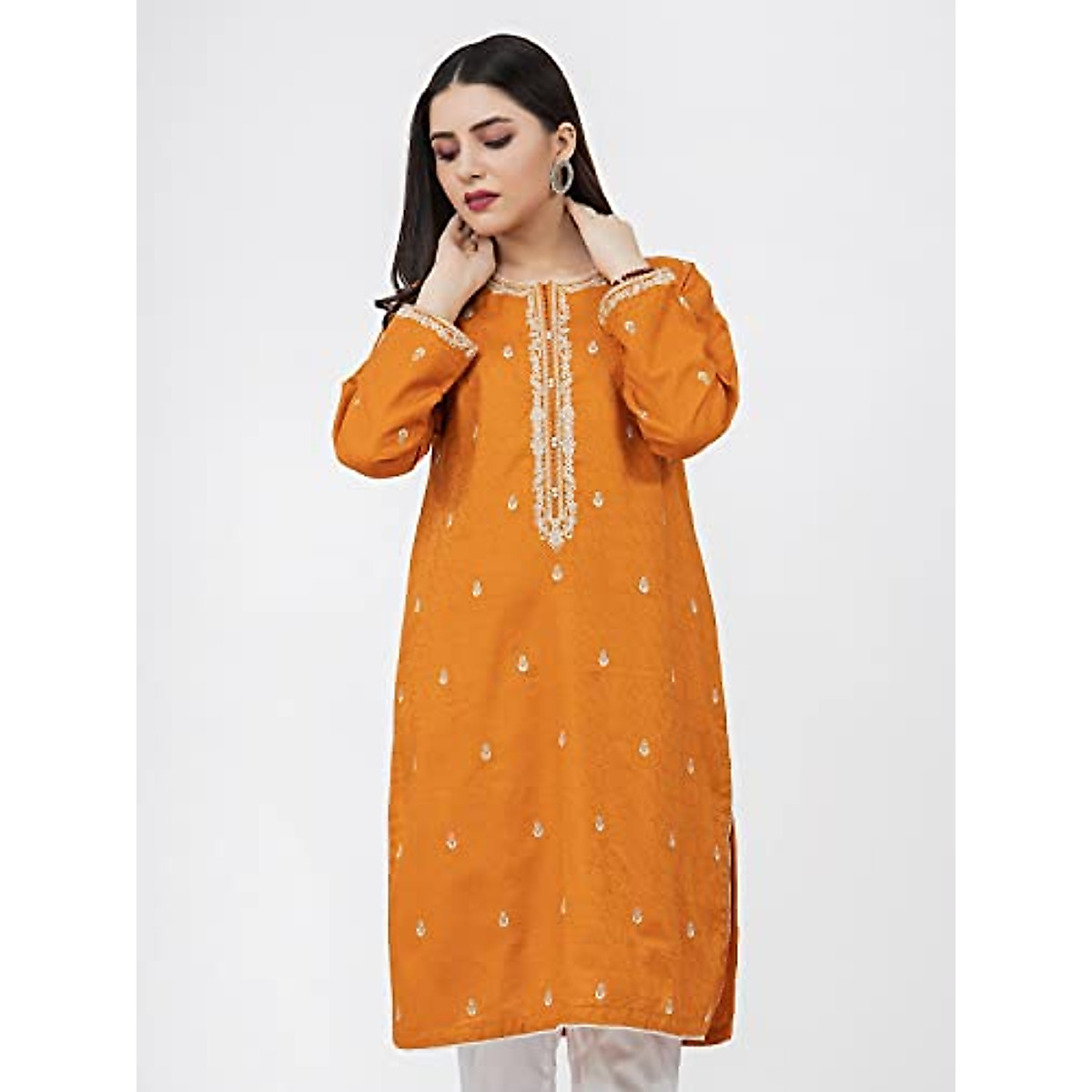 edenrobe Women's Pakistani Indian Kurti Pret - Stitched Ladies Kurta/Tunic Top 217351 Dark Mustard