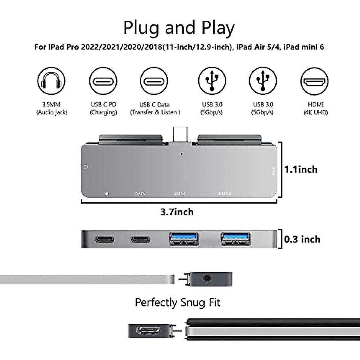 USB C HUB for iPad Pro, Adapter for iPad Air, iPad Pro Hub Docking Station with 4K HDMI,3.5mm Headphone Jack,2 USB3.0 Ports,USB C PD Charging&Data, for iPad Mini M4 M2 11 12.9 13 inch Accessories
