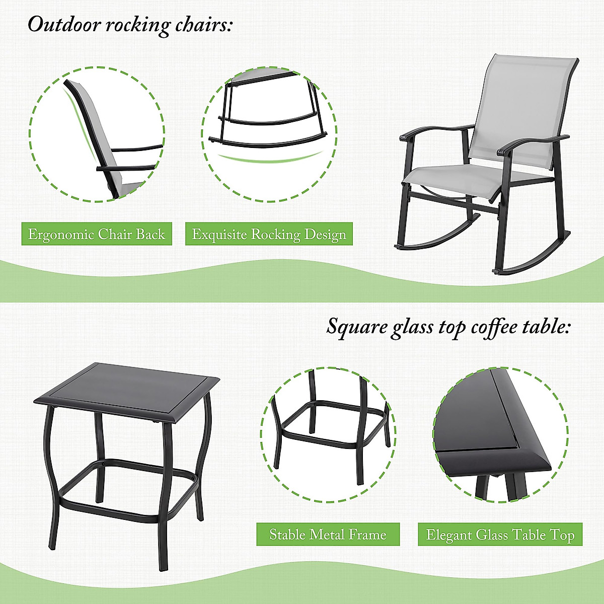 Shintenchi 3 Piece Rocking Bistro Set, Outdoor Furniture with Rocker Chairs and Glass coffee table set of 3, Balcony, Porch Furniture for Small Space, Light Gray