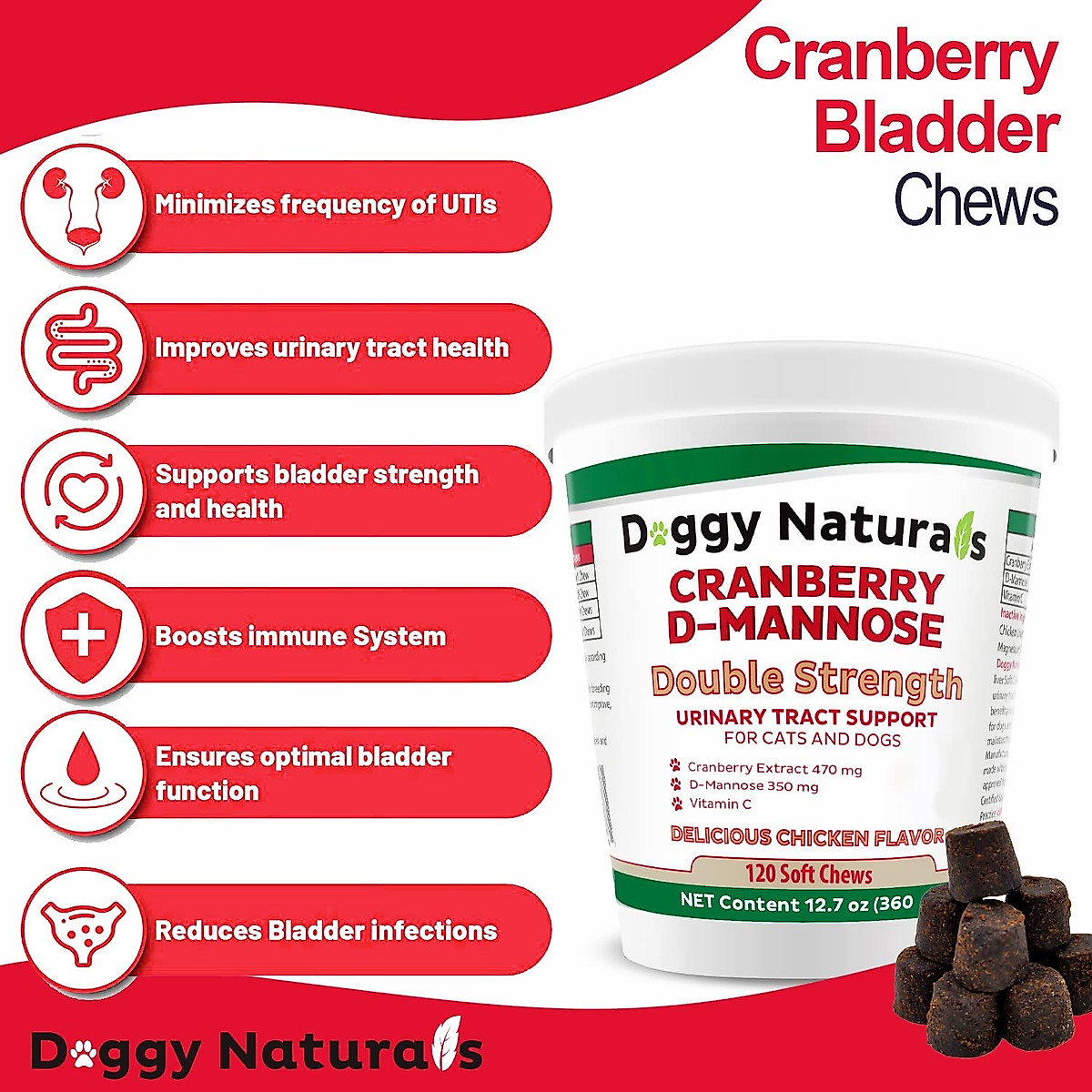 Cranberry D-Mannose for Dogs and Cats Urinary Tract Infection Support Prevents and Eliminates UTI, Bladder Infection Kidney Support, Antioxidant (Double Strength Soft Chew, 120 Soft Chew)