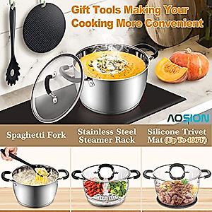 AOSION 6 Quart Stainless Steel Stockpot, All-In-One 6QT Stock Pot, Soup Pasta Pot with Lid, Cooking Pot, Induction Pot, Sauce Pot Compatible with All Stoves, Heat-Proof Double Handles, Dishwasher Safe