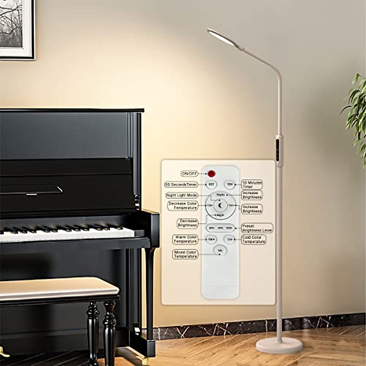 Syrinx 3 in 1 LED Floor Lamp, Desk Lamp, Clamp-on Lamp With Remote Control, 5 Brightness Levels & 5 Colors Temperatures, Dimmable, Adjustable Gooseneck Pole Lamp for Living Room Office Bedroom - White