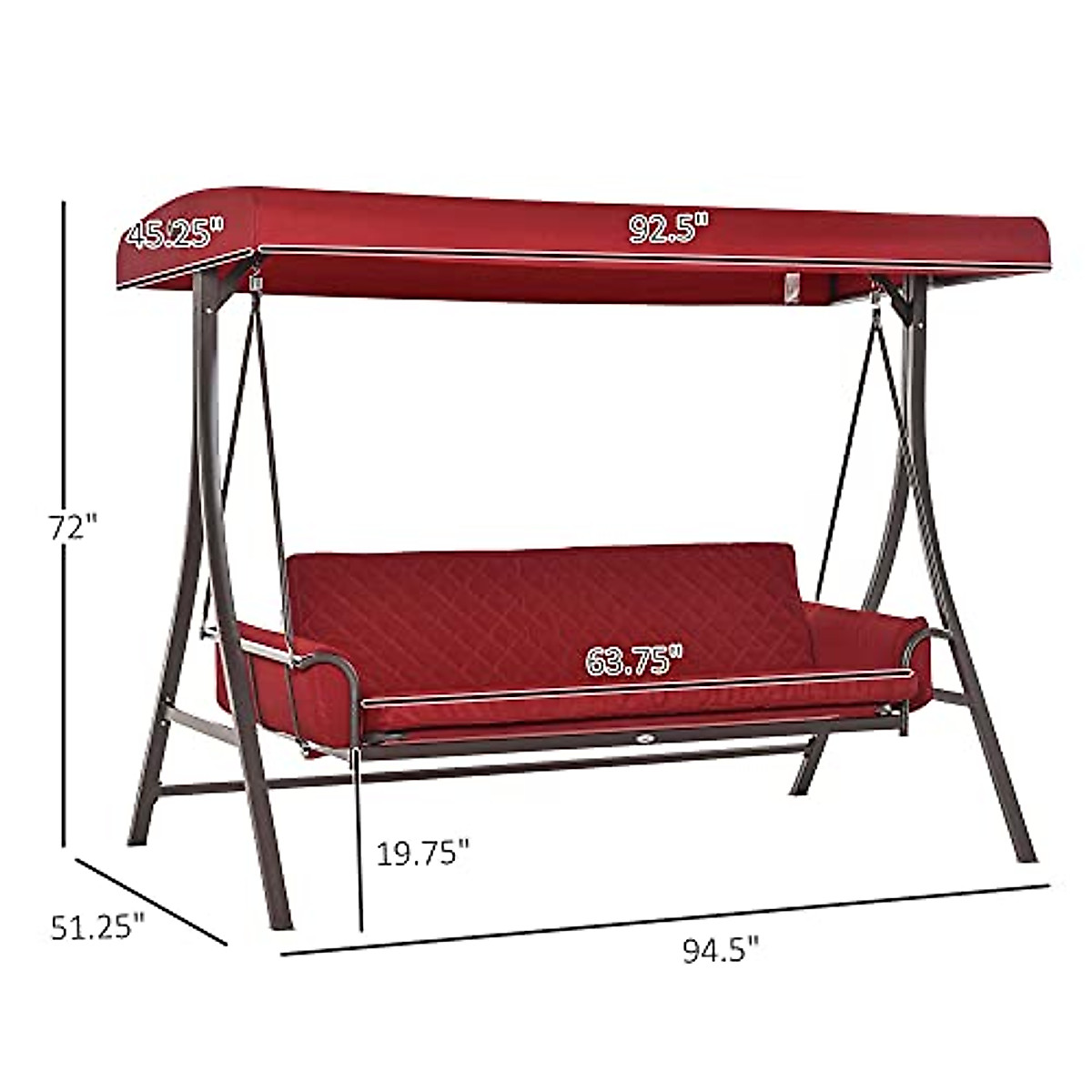 Outsunny 3-Seat Patio Swing Chair, Converting Flatbed, Outdoor Porch Swing Glider with Adjustable Canopy, Removable Cushions, Pillows for Garden, Poolside, Backyard, Red