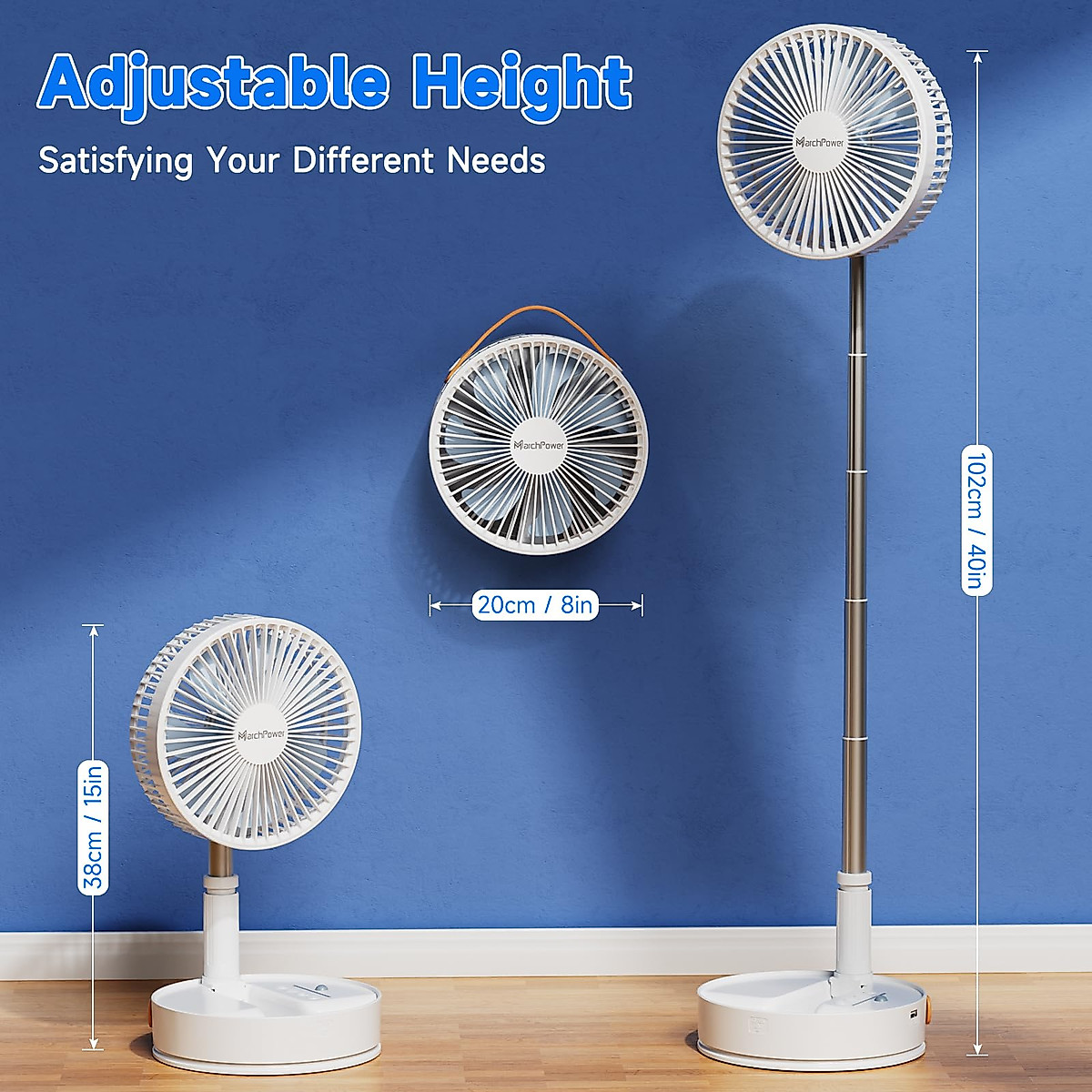 Marchpower Foldable Oscillating Standing Fan with Remote, 8" Portable Pedestal Quiet Fan with Timer, 7200mah Rechargeable USB Desk Fan for Home Bedroom Office Travel Outdoor Camping