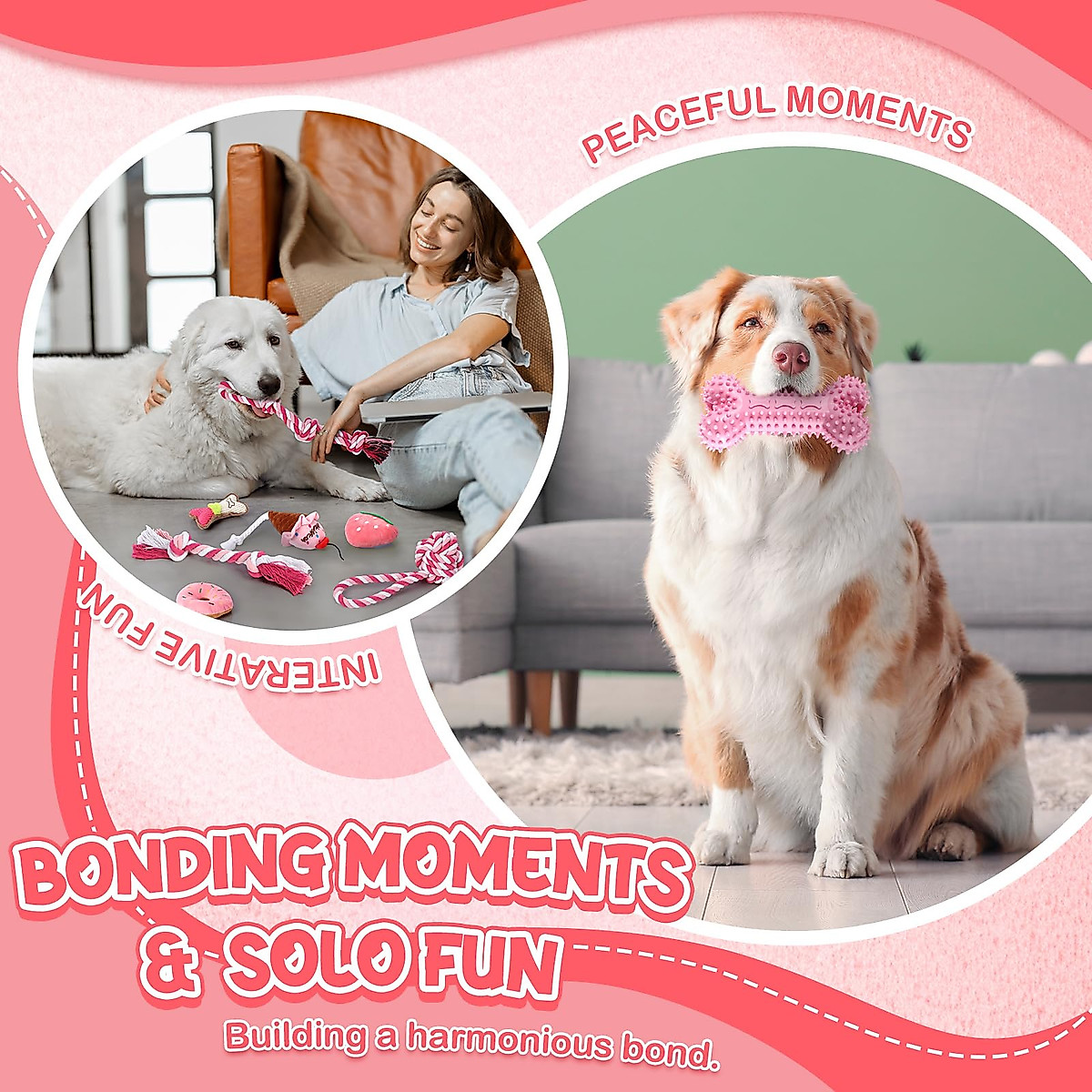 Vinsot 12 Pack Large Dog Chew Toys for Aggressive Chewers Pink Large Dog Teething Toys with Dental Rope Toys, Squeaky Toys, Treat Balls and Chew Bone for Medium, Large X-Large Breeds Dogs