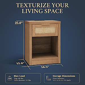 OAKHAM HOME Nightstand Set of 2, Rattan Night Stand with Type-C Charging Station, Bedside Table with Drawer, Boho Bed Side Table End Table Accent Table for Bedroom Living Room (Weathered Oak)