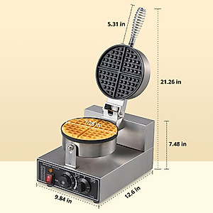 Towallmark 1300W Commercial Waffle Maker, Non-Stick Round Waffle Iron, Rotatable Waffle Baker Machine, Stainless Steel Round Commercial Waffle Maker for Restaurant, 50°C-300°C Temp Range, 110V