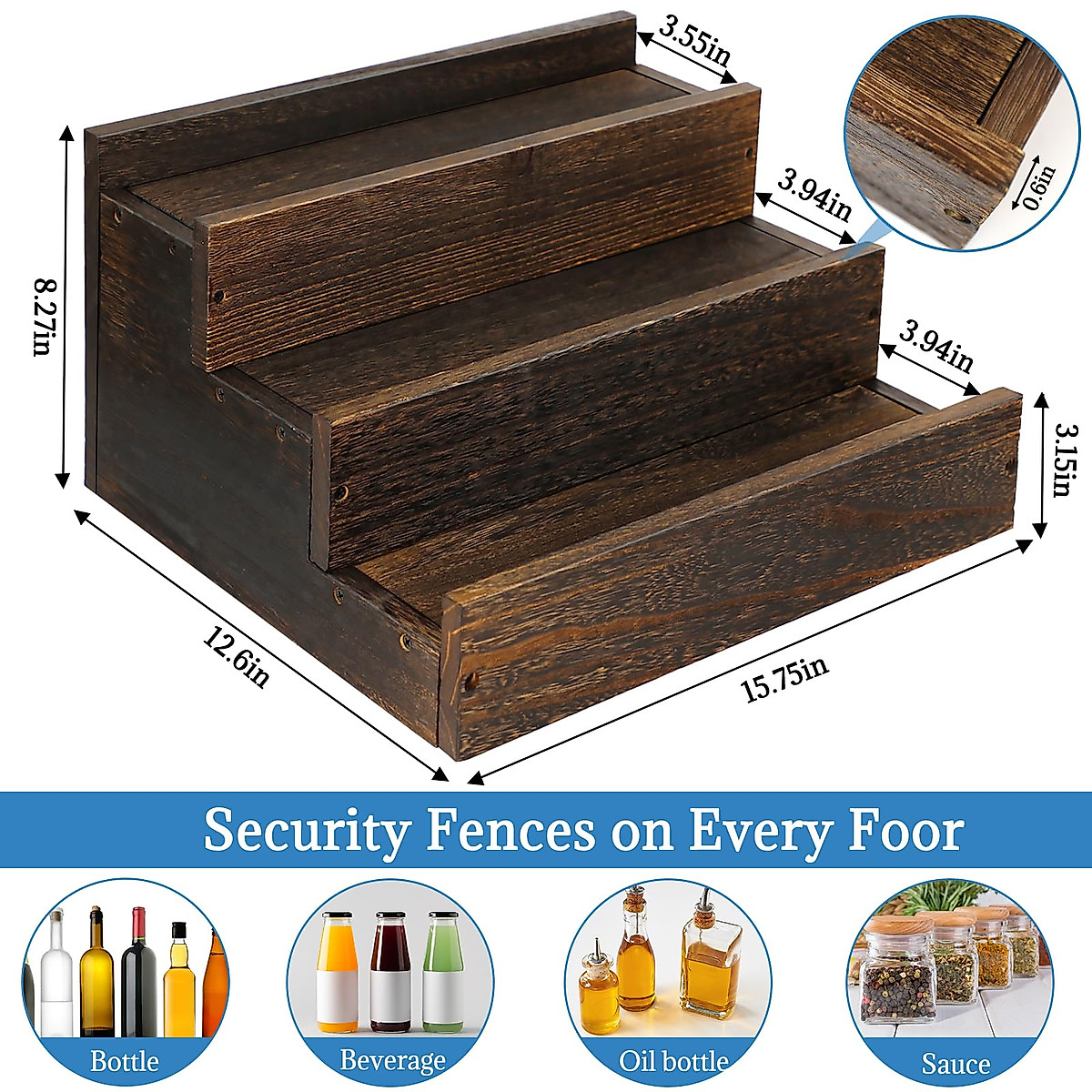 ERTIUANIO 3 Step Real Wood Countertop Liquor Bottle Display Shelf, 12 Bottle Freestanding Bar Shelves with Fences, Home Retro Wine Rack Storage Organizer, Whiskey Coffee Syrup Display Stand