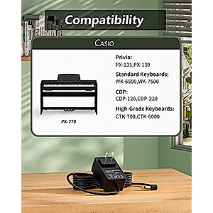 Replacement for Casio Privia Power Cord 12V AC Adapter Compatible with Casio Privia Digital Piano Keyboard Power Supply, Compatible with AD-A12150LW AD-A12150 PX WK CDP AP CTK Series