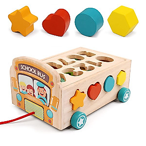 Classic Wooden Toddler Toy Age 2-4 Pulling Bus 123 Number Learning Shape Puzzle Sorting Match Game Montessori Sensory Material for Kids