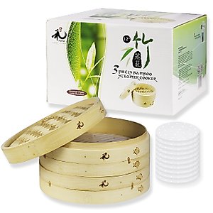YUHO Bamboo Steamer Basket 12-inch, 2-Tier Steamer for Cooking, 10 Liners, Steaming Asian Food, Bao Buns, Chinese, Dim Sum, Dumpling, Rice, Vegetable Steam Pot