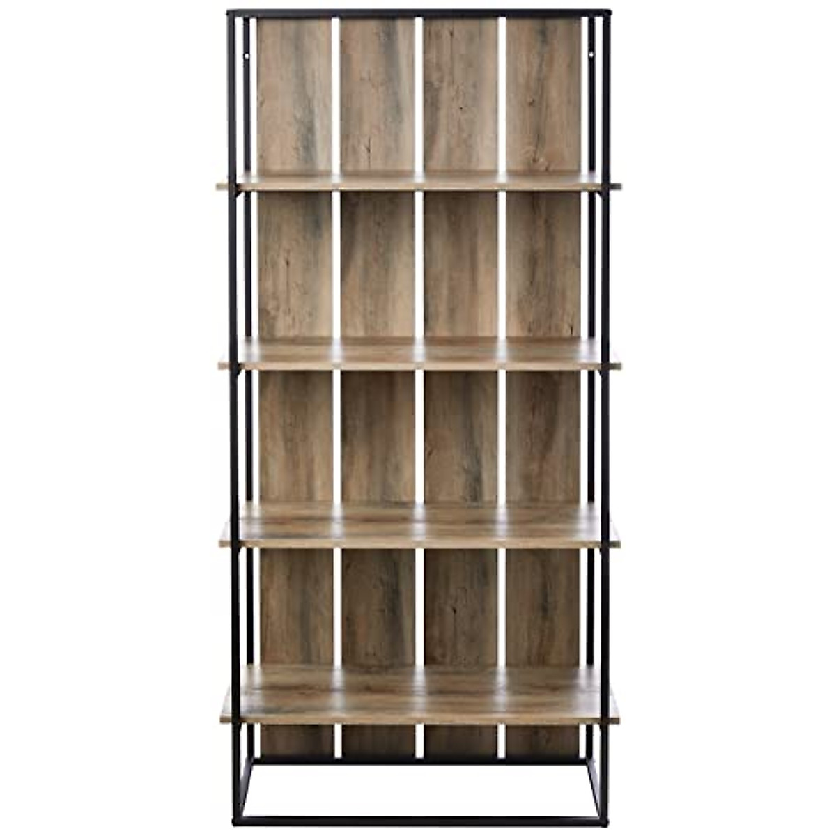 Walker Edison Evangeline Modern Farmhouse Metal and Wood 4 shelves Bookshelf, 64 Inch, Grey Wash