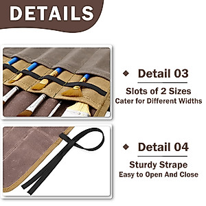 Kaaltisy Artist Brush & Pencil Holder Case, Portable Paintbrush Storage Roll with Tie Rope & 2-Layer Slots - Heavy Duty 16OZ Waxed Canvas Paintbrush Roll | Brown