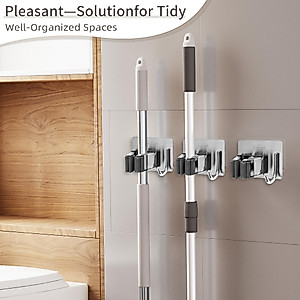 AISIDERK 4Pcs Broom and Mop Holder, Stainless Steel Broom Storage Holder, Self Adhesive Anti-Slip Adhesive Hook Broom Holder Wall Mount, Mop Gripper with Hook for Kitchen Bathroom Closet Garden Garage