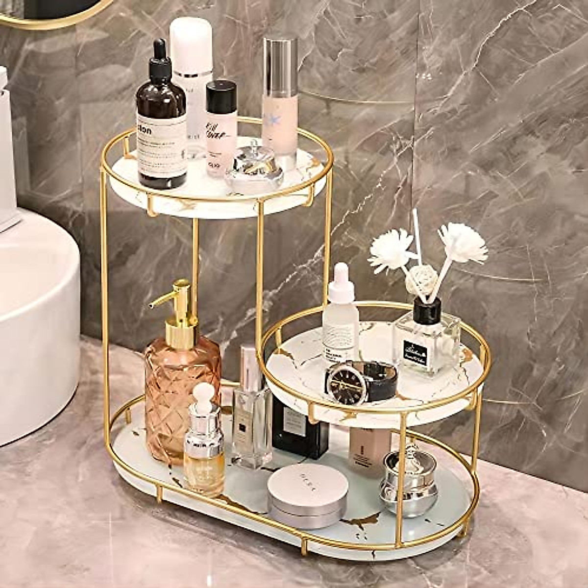 SUJIOWJNP 3-Layer Shelf Organizer, Bathroom Countertop Shelf, Large Capacity Heightened Design, Metal Frame, Removable Marble Glass Tray, Vanity Cosmetic Organizer