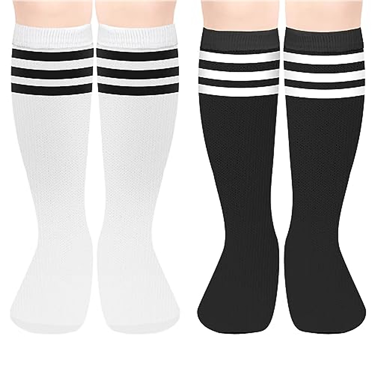 Gotneto Kids Soccer Socks Toddler Knee High Socks Cotton Boys Soccer Socks Stripes Knee High Tube Socks Uniform Sports Socks for Boys Girls Cute Kids Stockings White Black & Black White One Size