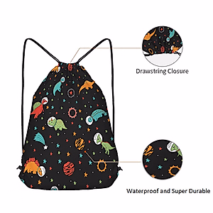 Beabes Cute Dinosaur Astronauts Drawstring Bags Backpack Bag Outer Space Galaxy Planet Spaceship Stars Cool Animal Sport Gym Sack Drawstring Bag String Bag Yoga Bag for Men Women