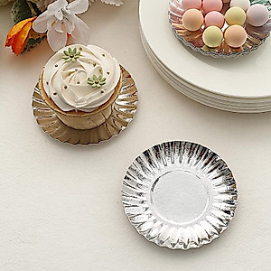 Balsa Circle 50 Metallic Silver 3.5 in Round Disposable Dessert Paper Plates Scalloped Trim Party Events Reception Home Decorations Supplies