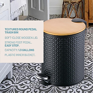 AWENN - Kitchen Garbage Trash Can with Wooden Lid and Pedal - Touchless Round Shape Waste Bin - Stainless Steel Dustbin for Kitchen, Bathroom, Office and Outdoors – Black (1.3 Gallon – 5 Liters)