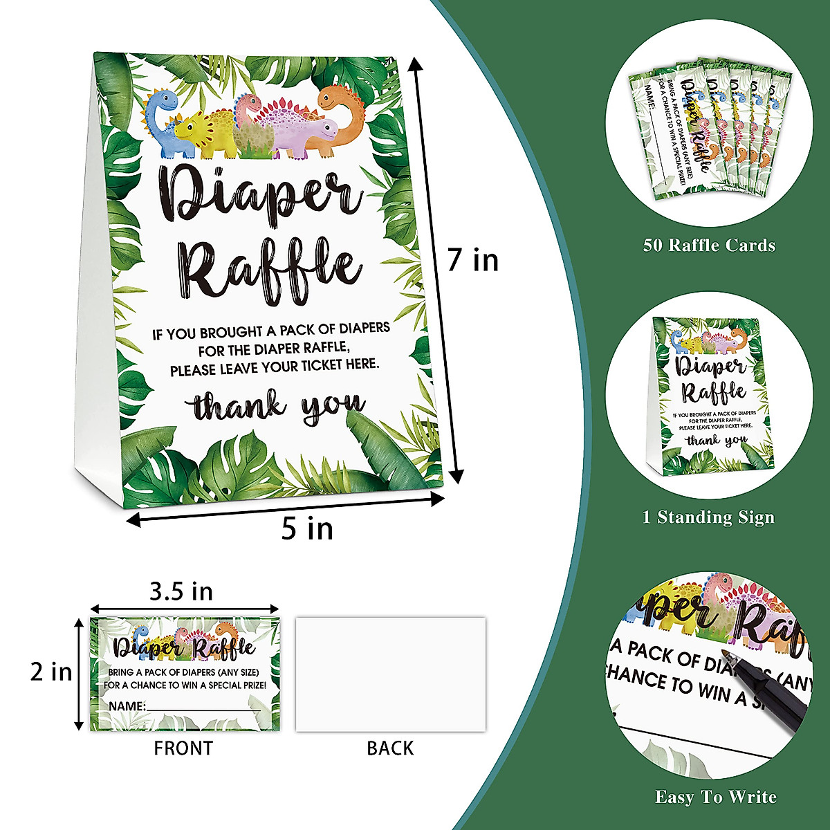 Diaper Raffle Baby Shower Game Set(1 Standing Sign + 50 Guessing Cards), Dinosaur Theme Diaper Raffle Tickets for Baby Shower, Safari Jungle Baby Shower Party Favor Decor - A18