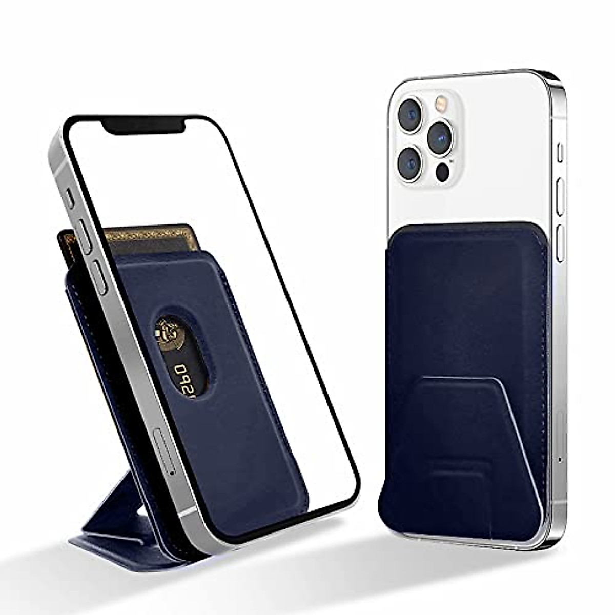 Vesmatity Fold Leather Magnetic Stand&Wallet, Magsafe Wallet Card Holder for Back of Phone Grip【Removable&Wireless Charging Compatible】 iPhone Card Holder Compatible with iPhone 12 Pro Max (Blue)