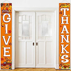 Blulu Fall Harvest Decorative Give Thanks Banners Thanksgiving Party Decorations Autumn Door Sign Pumpkin Turkey Maple Leaf Welcome Porch Sign for Fall Party Backdrop Garden Yard Orange