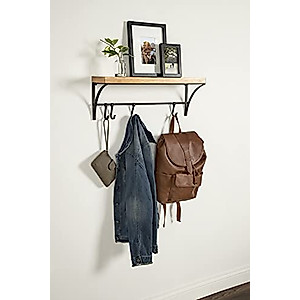 Kate and Laurel Ozias Farmhouse Shelf with Hooks, 24 x 9, Rustic Brown and Black, Sopisticated Coat Rack and Shelf for Storage and Display