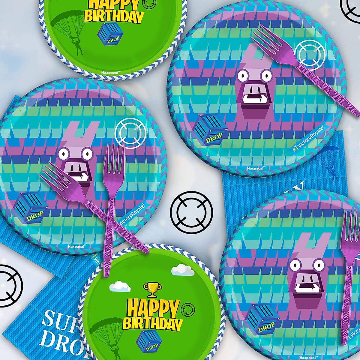 Video Games Party Tableware Supplies 64pcs Llama Set Including 32 pcs Plates, 16 pcs Forks and 16 pcs Napkins, Video Games Theme Party Baby Shower Birthday Decorations