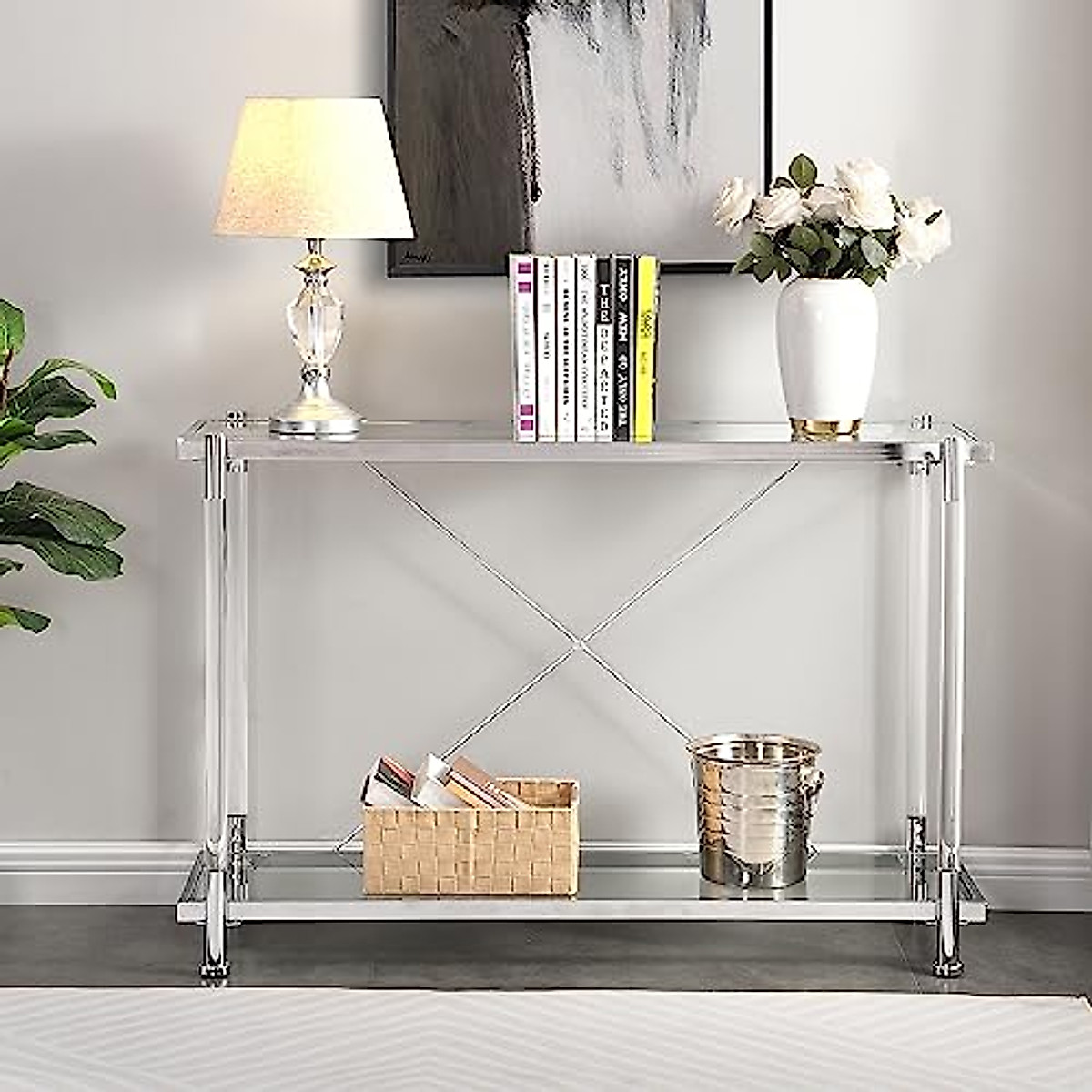 Sybrioka Glass Console Tables for Entryway, Acrylic Chrome Silver Sofa Side Table Metal Leg, Long Narrow Entryway Table for Small Space Hallway Living Room (Silver, Entryway Table)